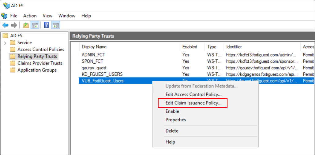 Editing Claim Issuance Policy in AD FS | FortiGuest 1.3.1 | Fortinet ...