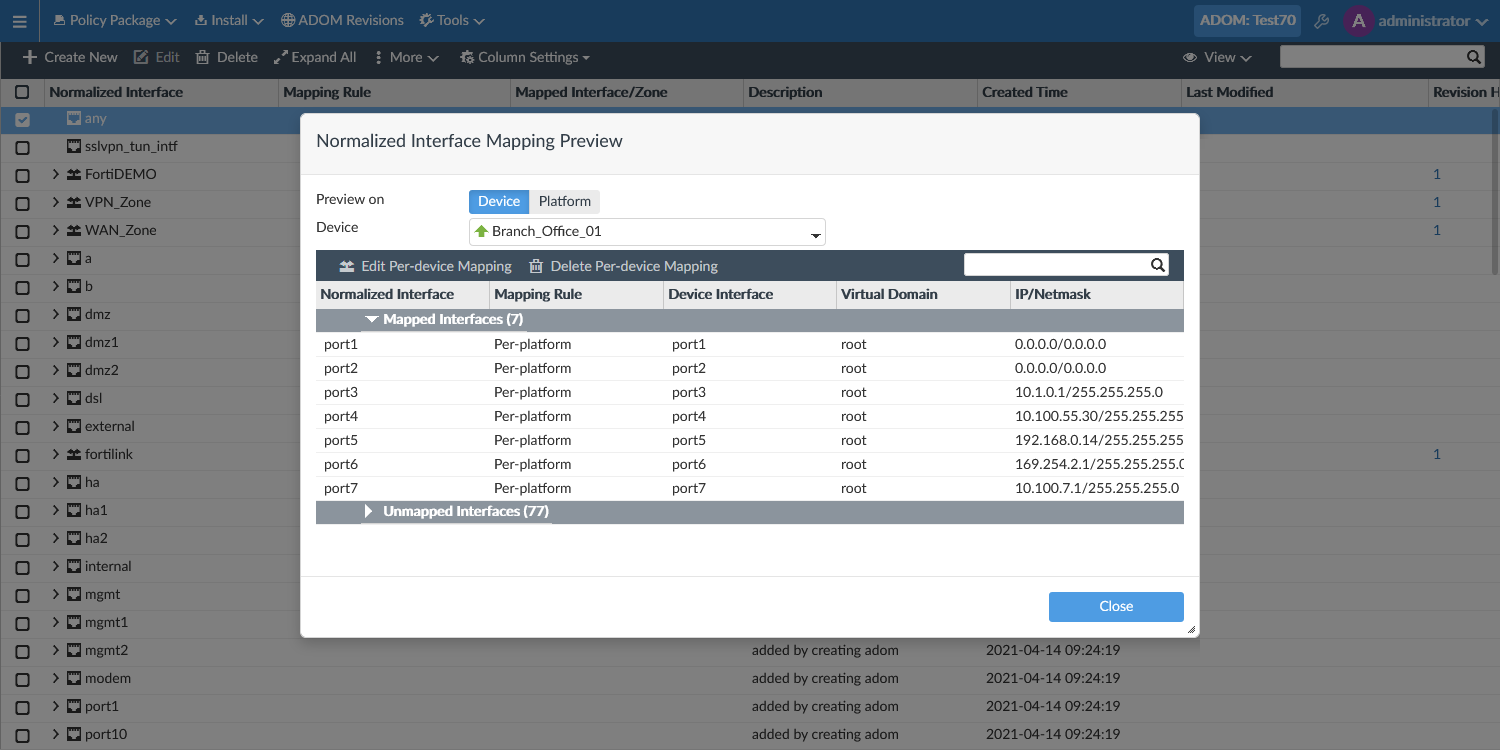 Viewing Normalized Interfaces Mapped To Devices Fortimanager 7 0 10 Fortinet Document Library