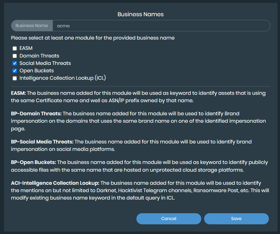 Adding business names | FortiRecon 25.2.a | Fortinet Document Library