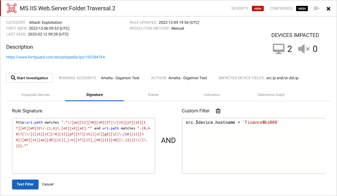 Adding custom filters to a detector query | FortiNDR Cloud 25.1.e ...