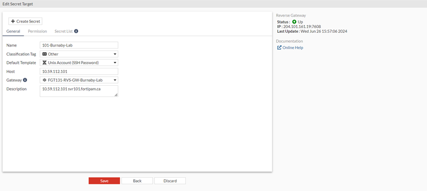 Configuring a target using reverse gateway on the FortiPAM server ...