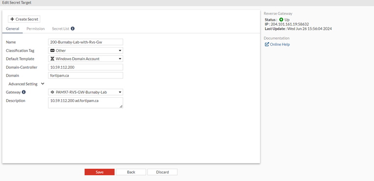 Configuring a target using reverse gateway on the FortiPAM server ...
