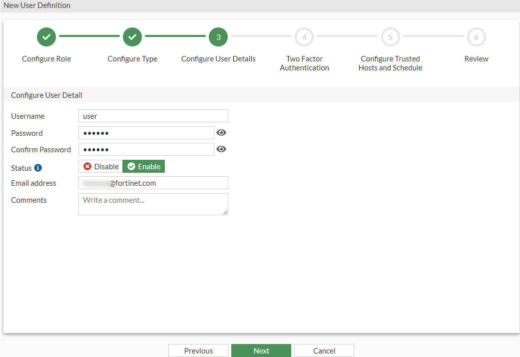 Configuring a local user with FortiToken as the authentication type ...