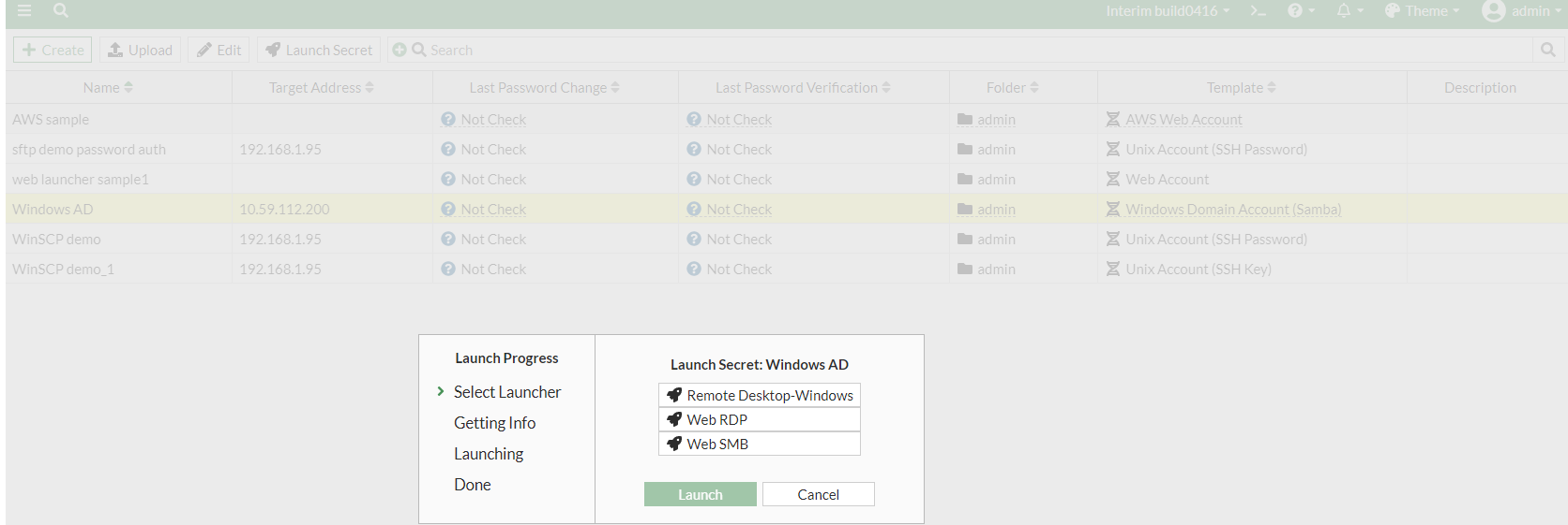 Launching a secret for the SMB server using the Web SMB launcher ...