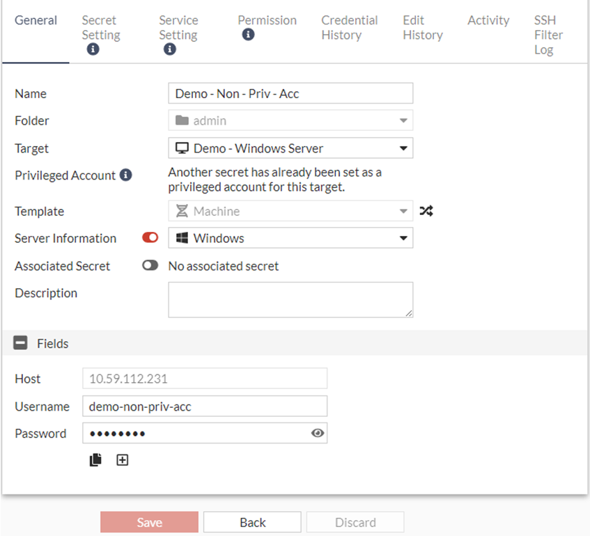 Creating a non-privilged secret | FortiPAM 1.6.0 | Fortinet Document ...