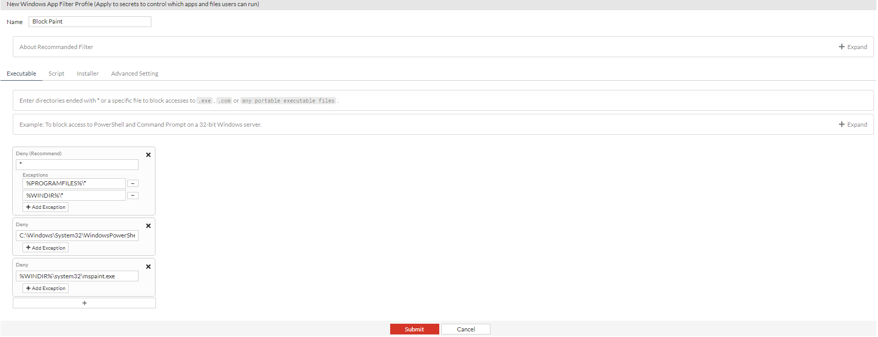 Creating a Windows application filter profile | FortiPAM 1.6.0 | Fortinet Document Library