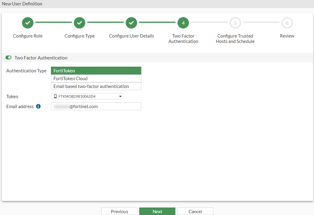 Configuring a local user with FortiToken as the authentication type ...
