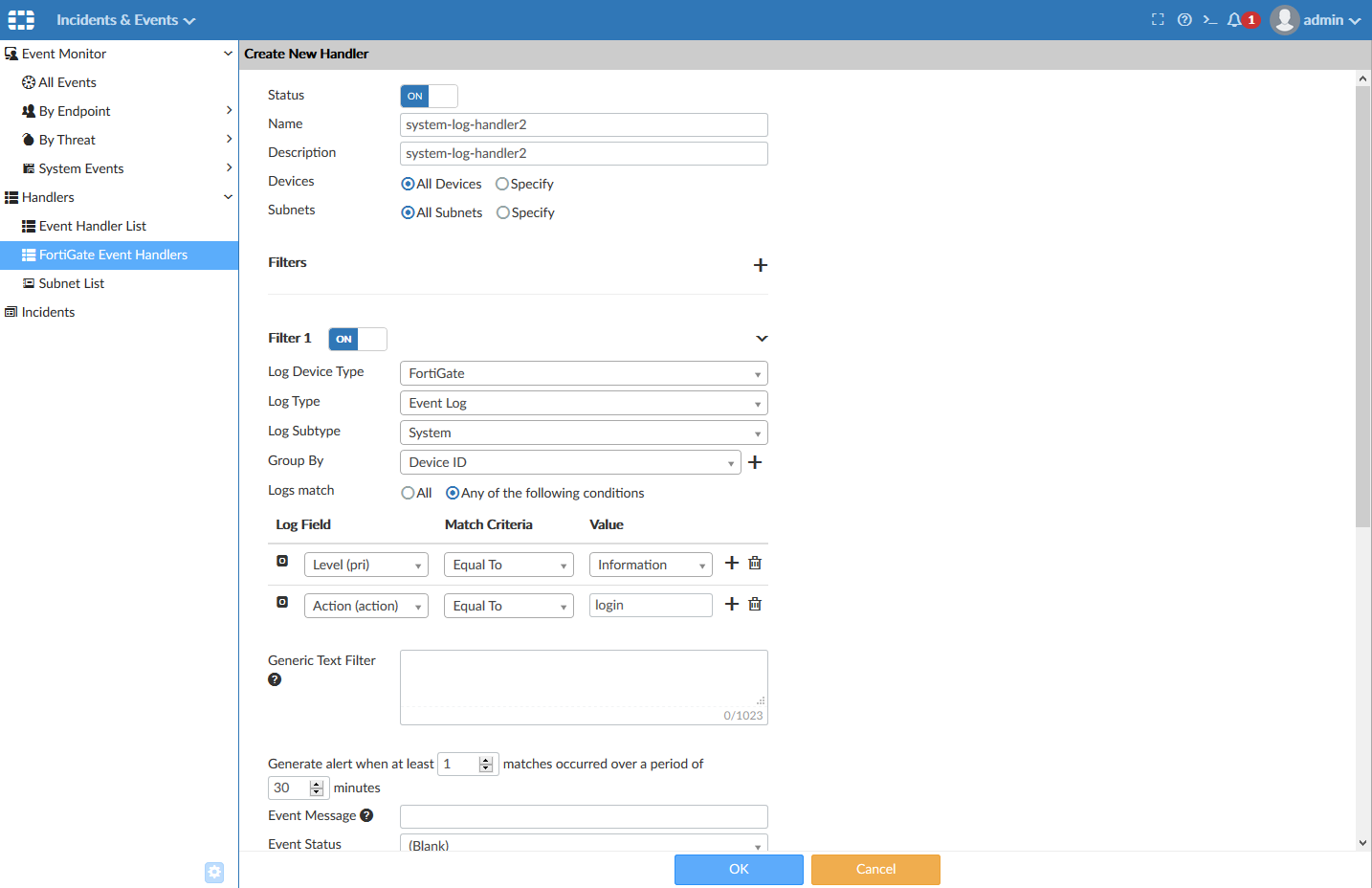 FortiAnalyzer event handler trigger | FortiGate / FortiOS 6.2.0 ...